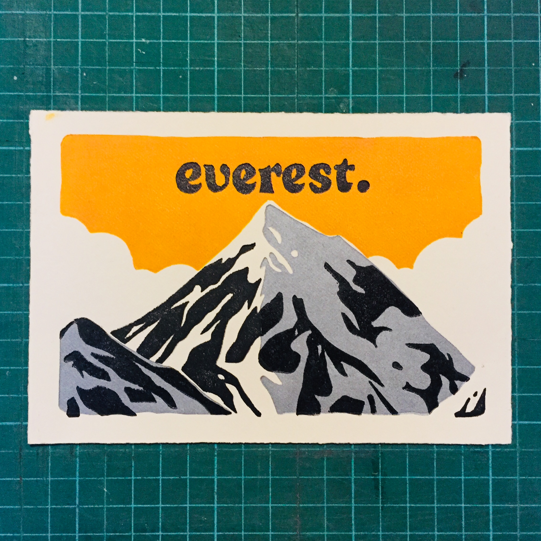 Mount Everest hand printed linocut postcard - Guy on the Mountain